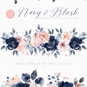 Navy and Blush Floral Clipart: Watercolor Flower PNG Set (digital ...