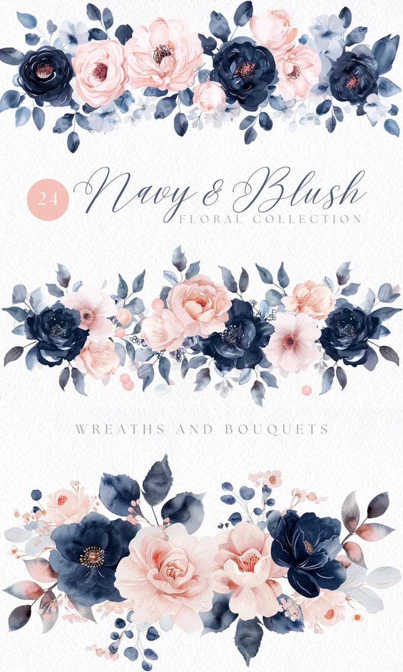 Navy and Blush Floral Clipart: Watercolor Flower PNG Set (digital ...