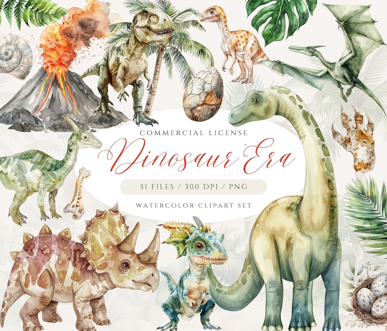 Watercolor Dinosaur Clipart Bundle: Dino Nursery Art (PNG Digital ...