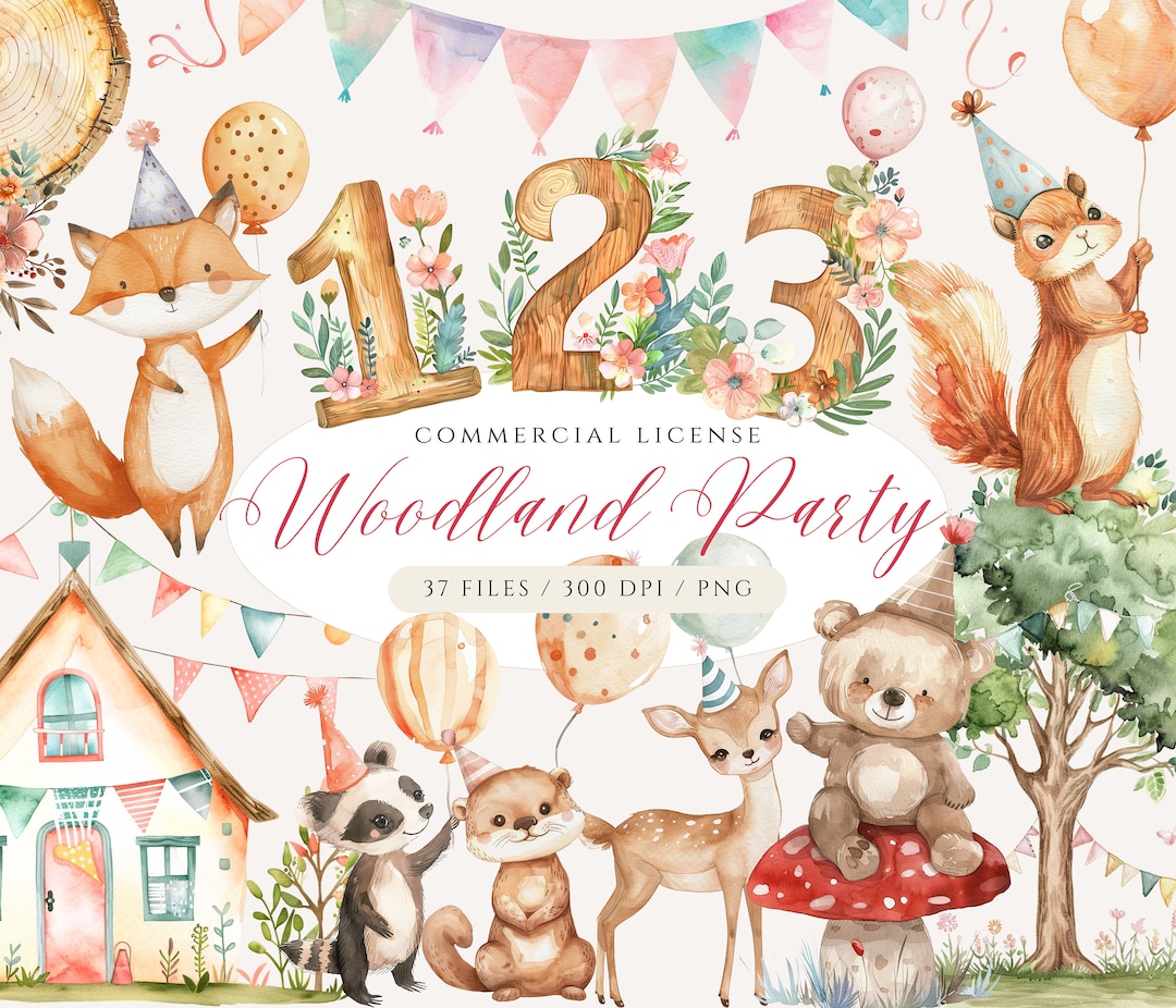 Cute Woodland Party Clipart, Woodland Animals Birthday, Woodland PNG ...