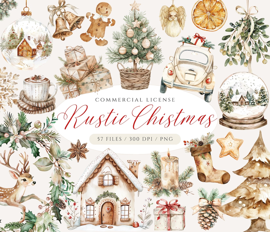 Rustic Christmas Clipart Bundle: Watercolor Ornaments, Wreaths (PNG ...