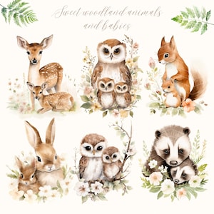 Watercolor Mama and Baby Animal Clipart, Baby Animals, Cute Animal PNG ...