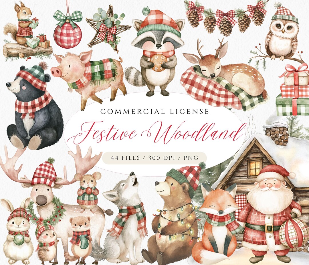 Christmas Woodland Clipart: Watercolor Woodland Story, Forest Animals ...