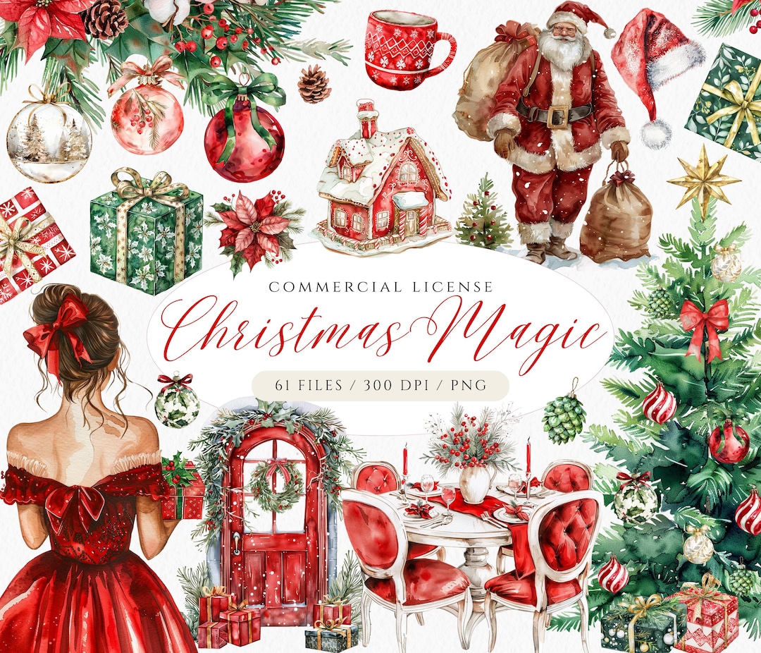 Watercolor Christmas Clipart: Red Ornaments, Wreath PNG (digital ...