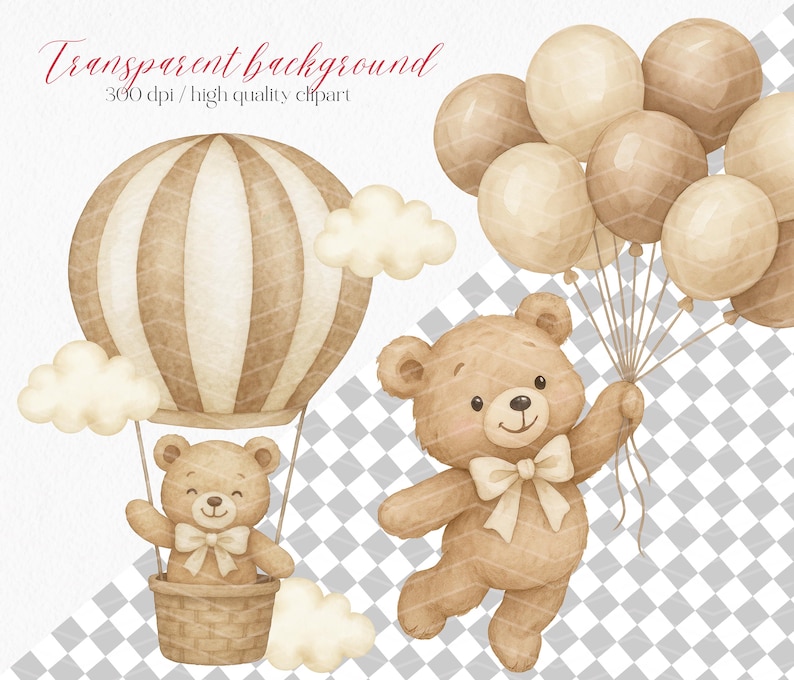 Watercolor Brown Teddy Bear Clipart: Boho Baby Shower Illustrations ...