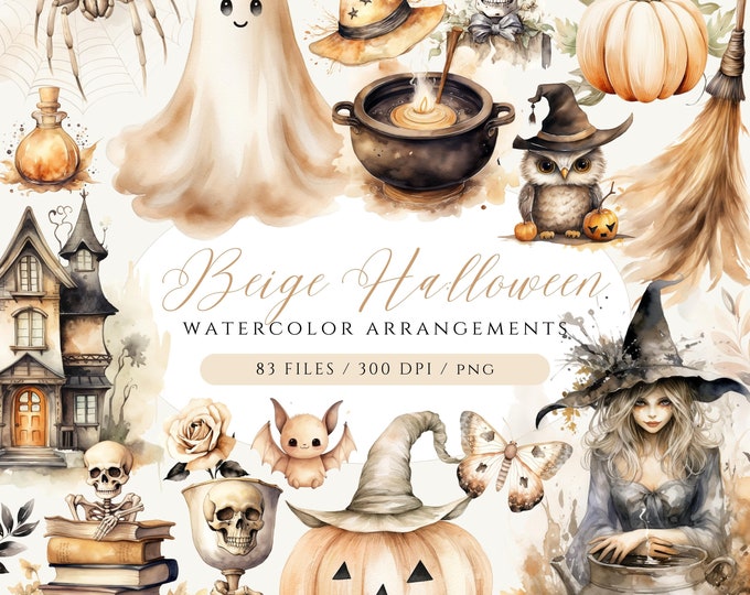 Cute Halloween Watercolor Clipart Bundle, Witch Clipart, Black Cat ...