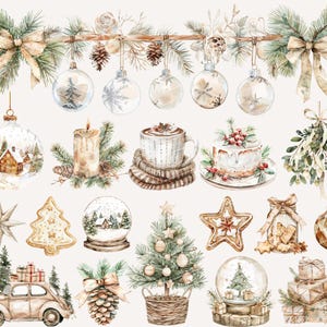 Rustic Christmas Clipart Bundle: Watercolor Ornaments, Wreaths, Boho ...