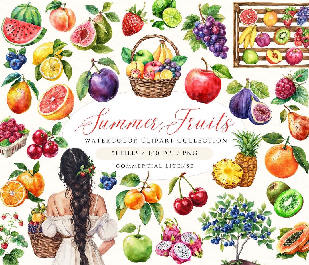 Watercolor Fruit Clipart, Summer Fruit PNG, Summer Clipart, Fruit ...