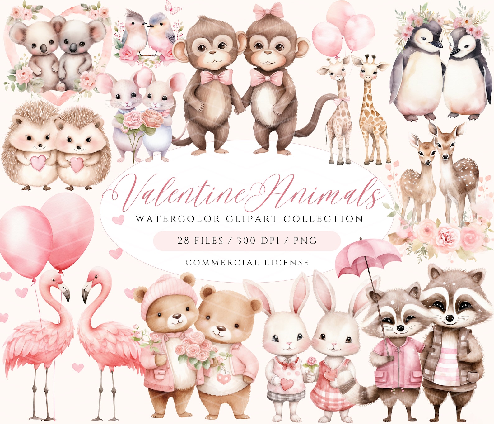 Valentine Animal Clipart, Cute Animal Pairs, Baby Animal Clipart, Llama ...