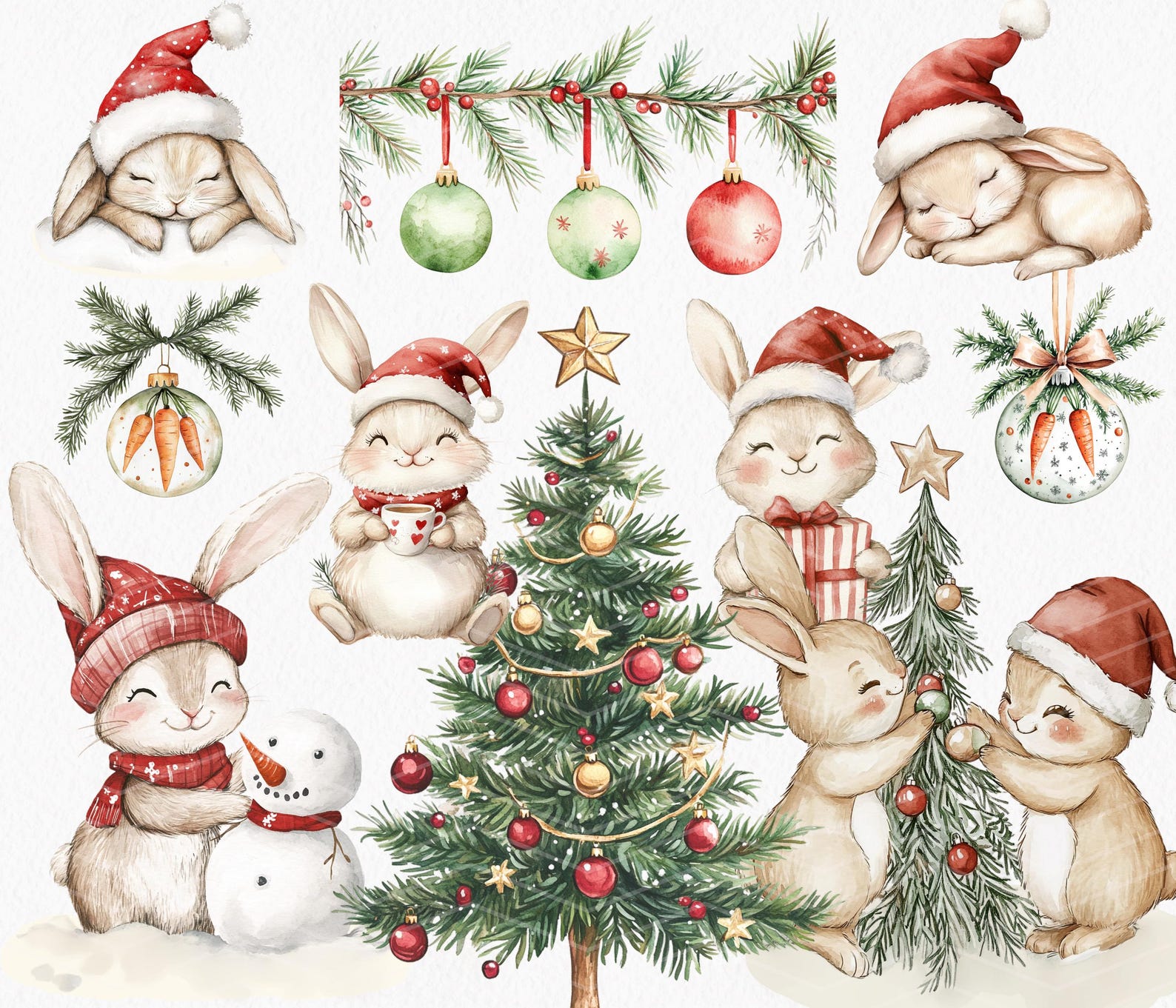 Christmas Bunny Clipart: Festive Holiday Bunnies PNG, Rabbit - Etsy