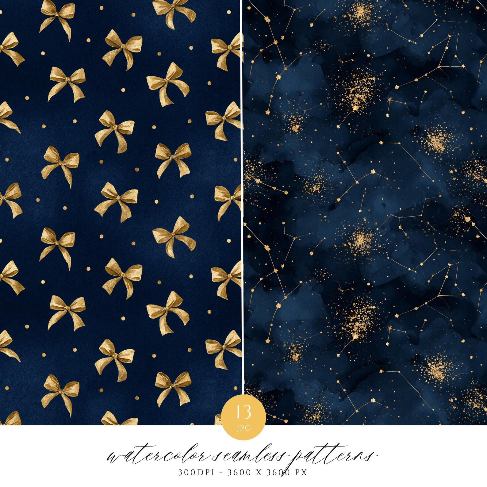 Navy Christmas Seamless Patterns, Watercolor Starry Night Christmas ...