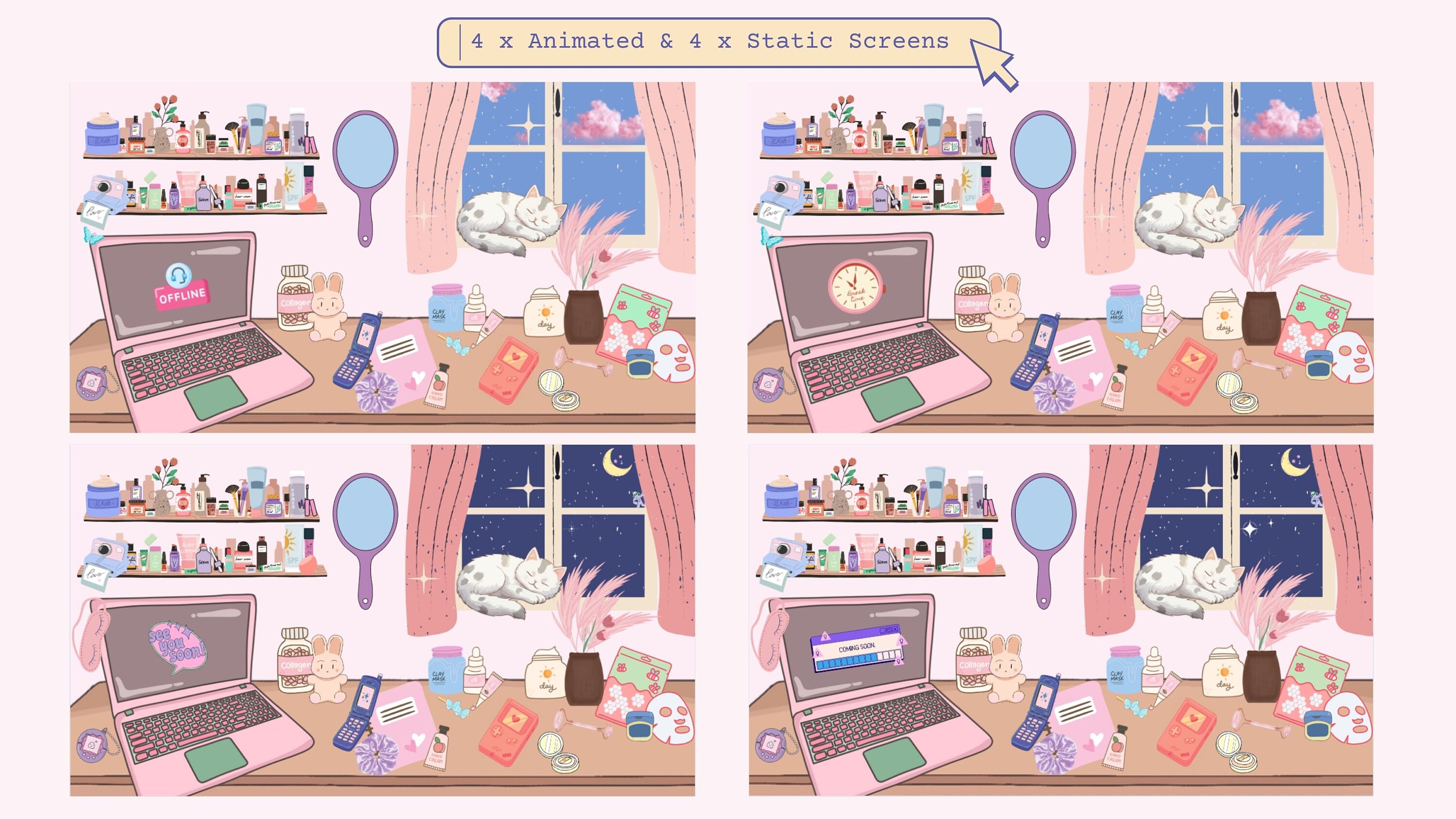 Cute Twitch Animated Streamer Screen Package for Girl Gamers - '90s ...