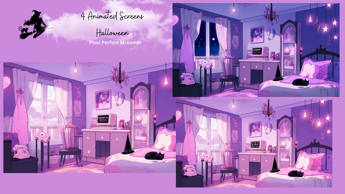 4 Spooky Animated Twitch Screens: Cute Salem Cat With Witch Design ...