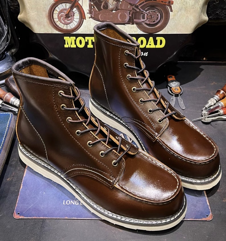 High Top Crazy Horse Leather Motorcycle Boots Genuine Leather Thick ...
