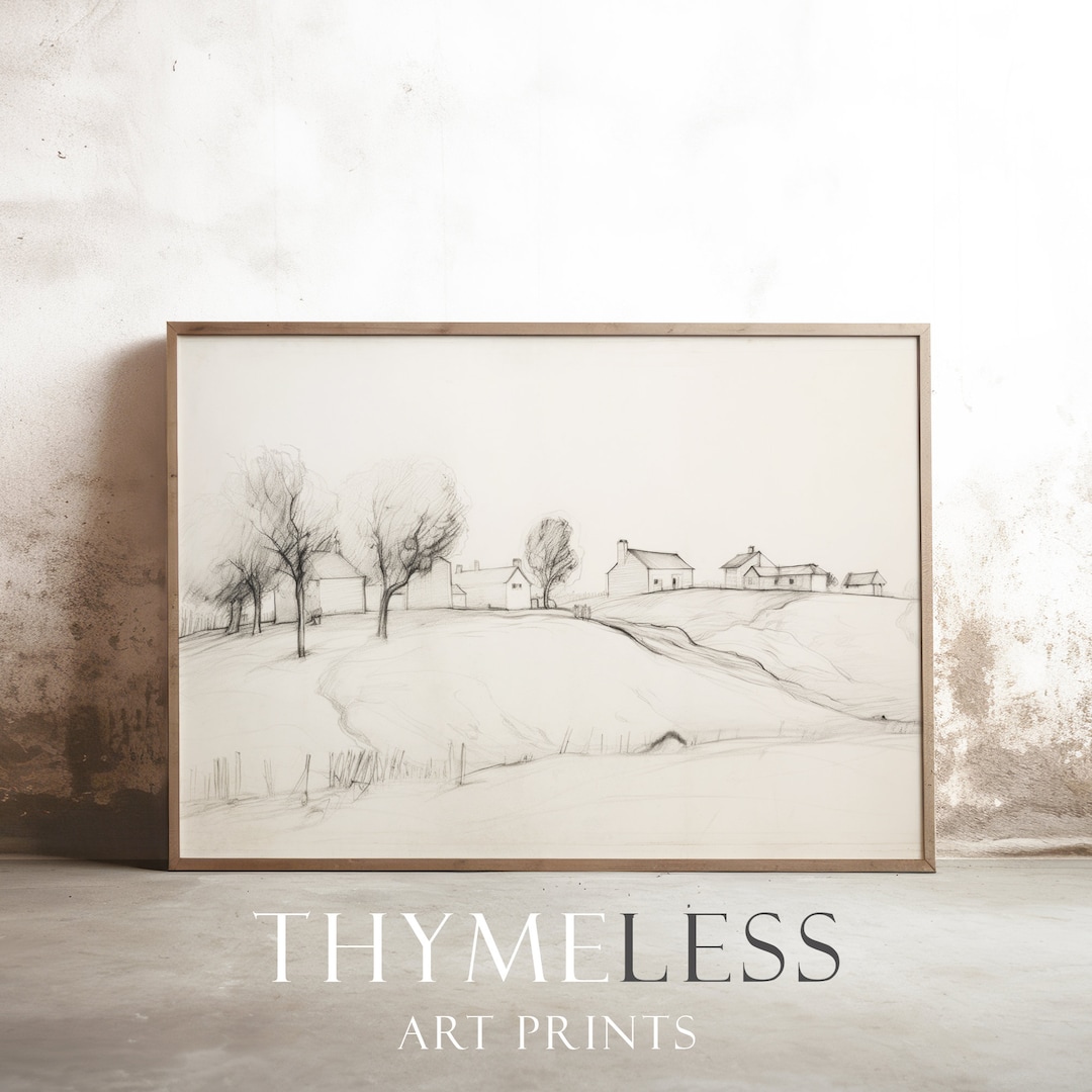 Village on Hill, Pencil Sketch, Drawing, Pencil Art, Vintage Inspired ...