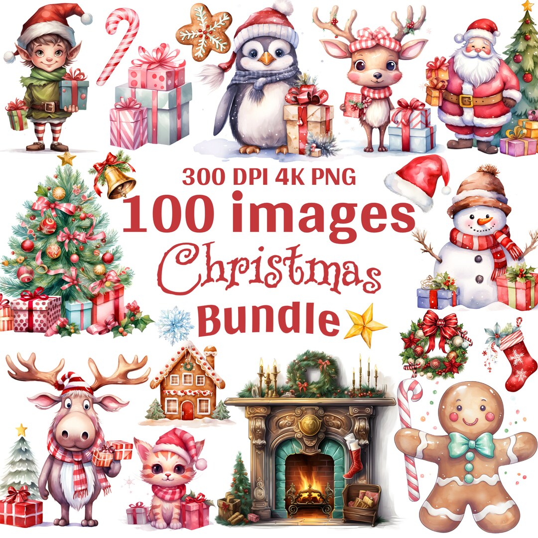 100 Cute Christmas Clipart Watercolor Christmas Clipart PNG Bundle ...