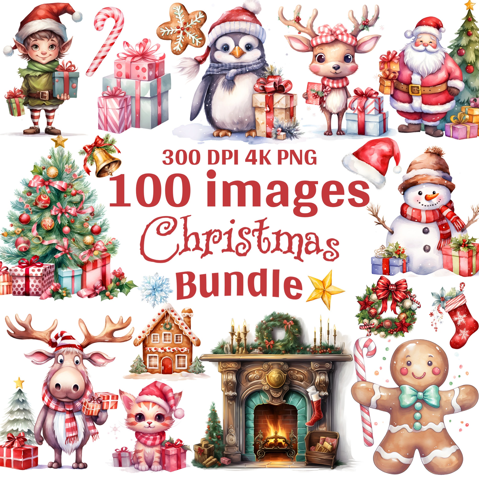 100 Cute Christmas Clipart Watercolor Christmas Clipart PNG Bundle ...