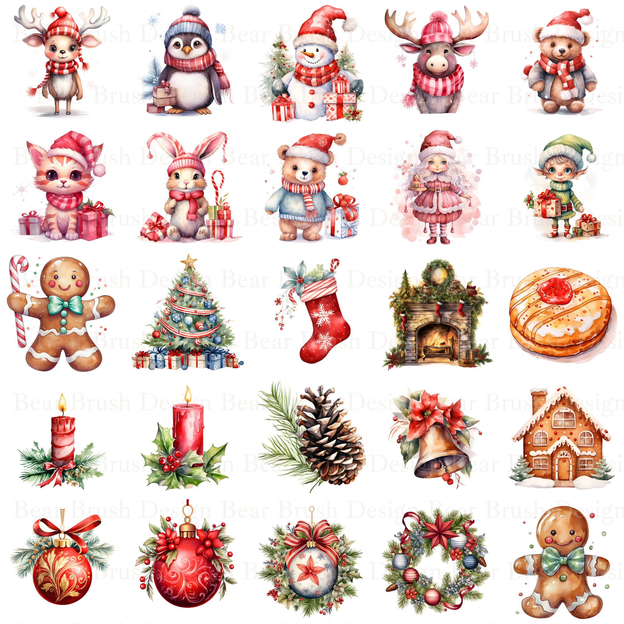 100 Cute Christmas Clipart Watercolor Christmas Clipart PNG Bundle ...