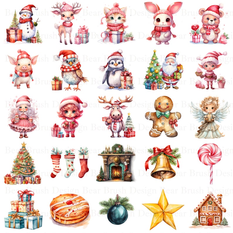 100 Cute Christmas Clipart Watercolor Christmas Clipart PNG Bundle ...