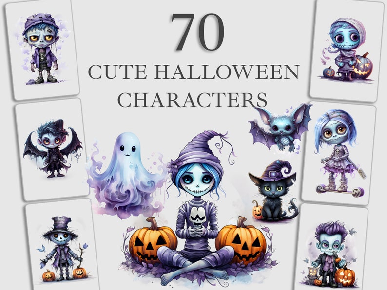 Cute Halloween Characters Clipart Bundle 70 PNG Graphics Digital ...