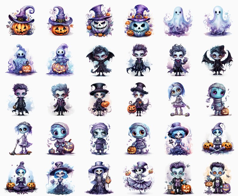 Cute Halloween Characters Clipart Bundle 70 PNG Graphics Digital ...