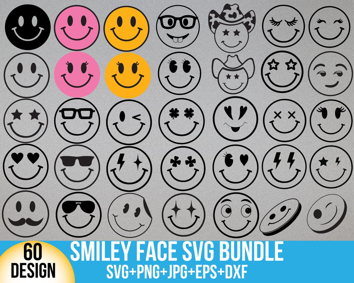 Smiley Face SVG Bundle, Png, Dxf, Trendy Emojis, Groovy SVG, Happy ...