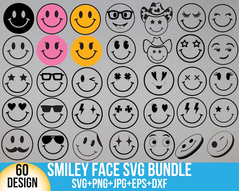 Smiley Face SVG Bundle, Png, Dxf, Trendy Emojis, Groovy SVG, Happy ...