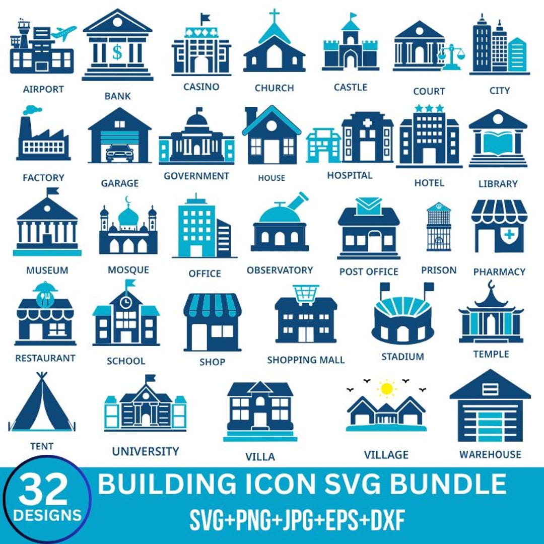 Building Designs SVG Bundle: House, Shop, School, Garage, Hotel, Office ...