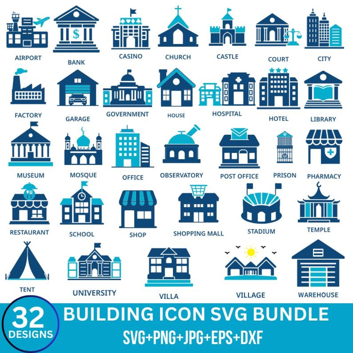 Building Designs SVG Bundle: House, School, Shop Icons (cut Files) - Etsy