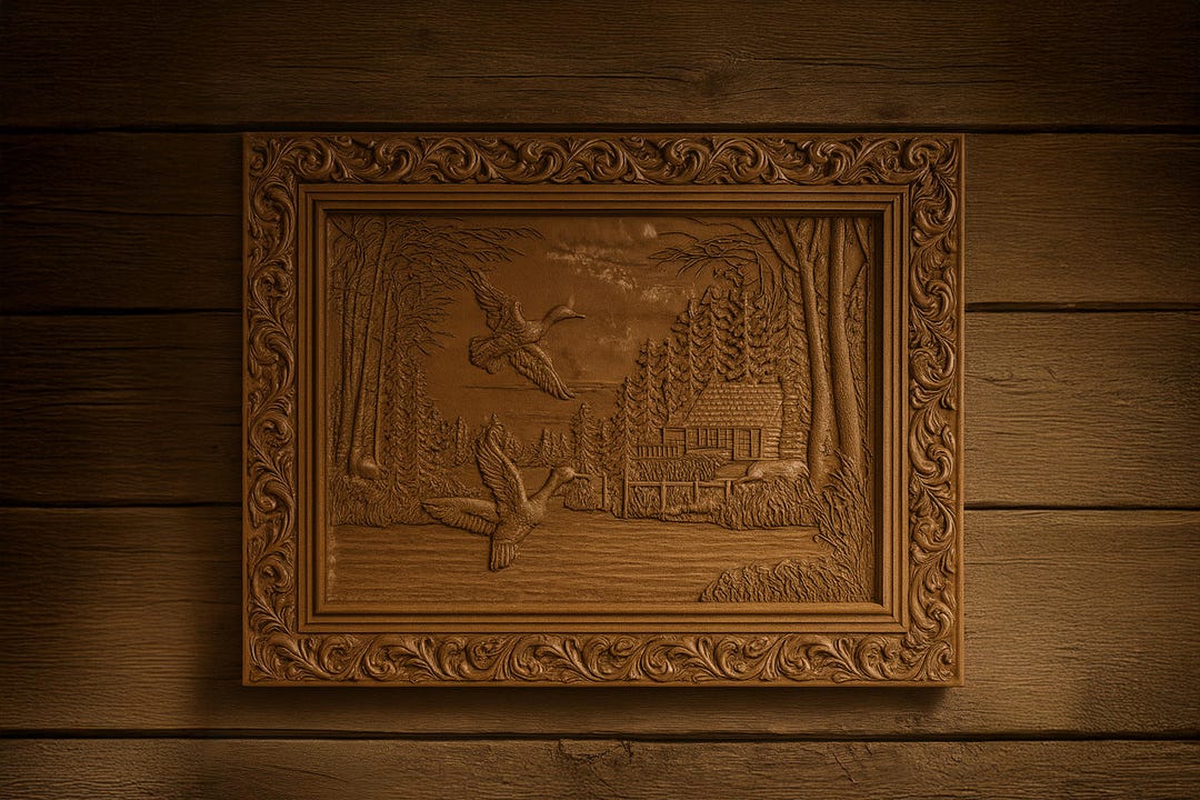 Flying Ducks Lake Cabin 3D Relief STL Model: CNC Router, Wood Carving ...