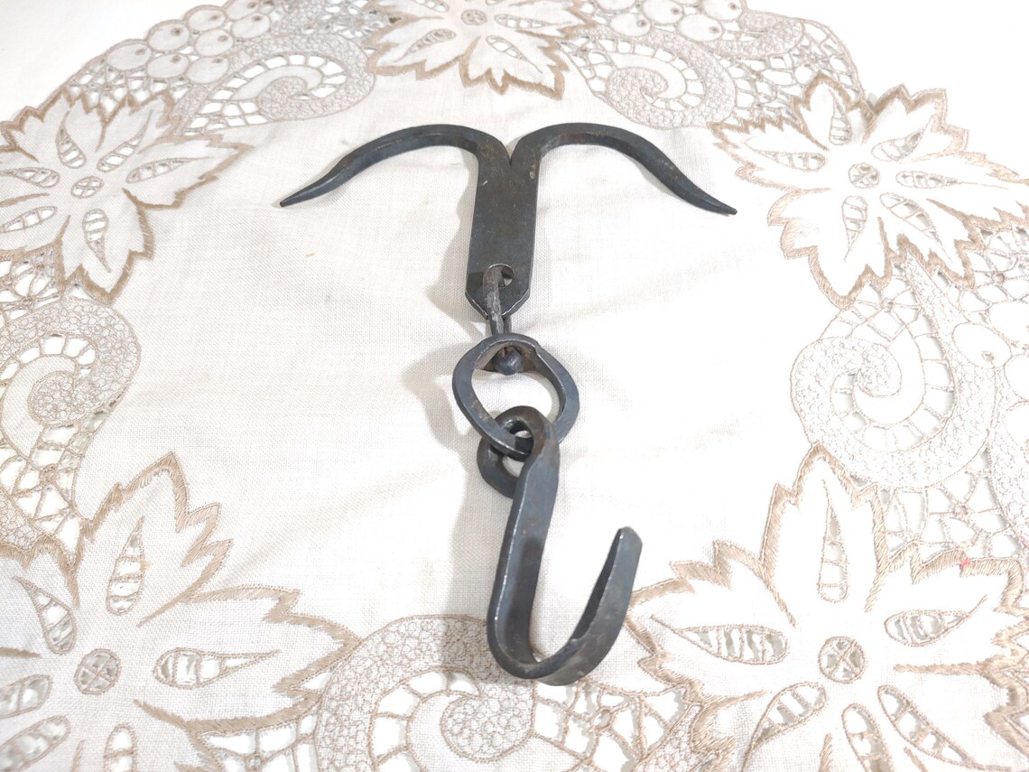 Vintage Double Butcher Hook - Rustic Forged Iron Meat Hook - Double Hook Hanger - Wrought ...