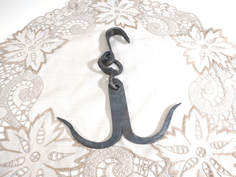 Vintage Double Butcher Hook - Rustic Forged Iron Meat Hook - Double Hook Hanger - Wrought ...