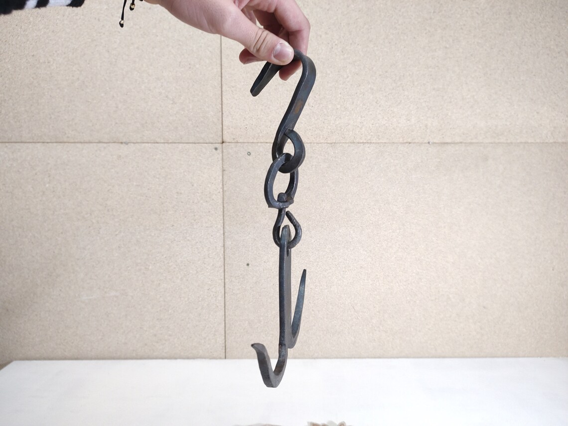 Vintage Double Butcher Hook - Rustic Forged Iron Meat Hook - Double Hook Hanger - Wrought ...