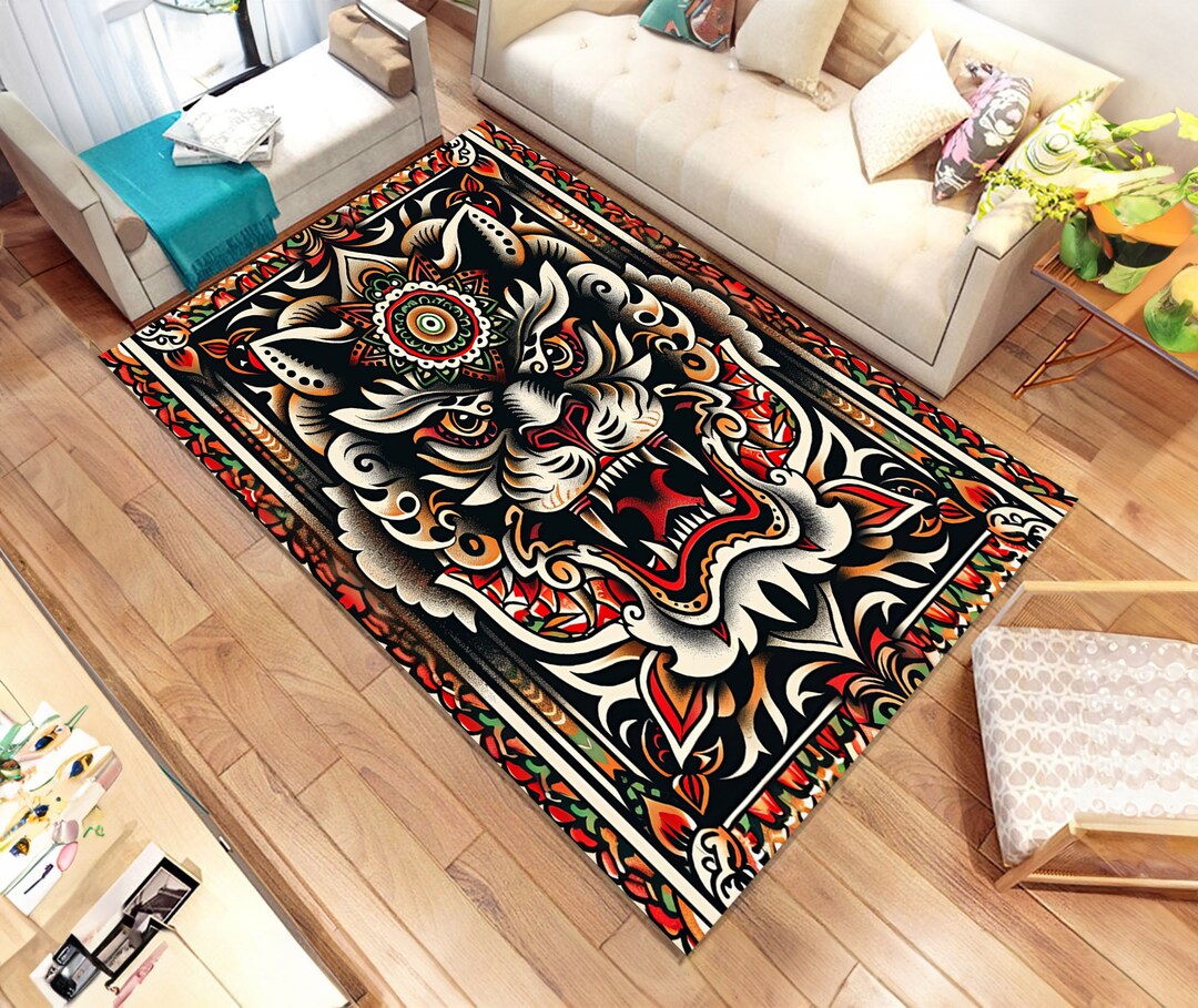 Tattoo Design Rug, Evil Devil Themed Rug, Traditional Tattoo Rug ...