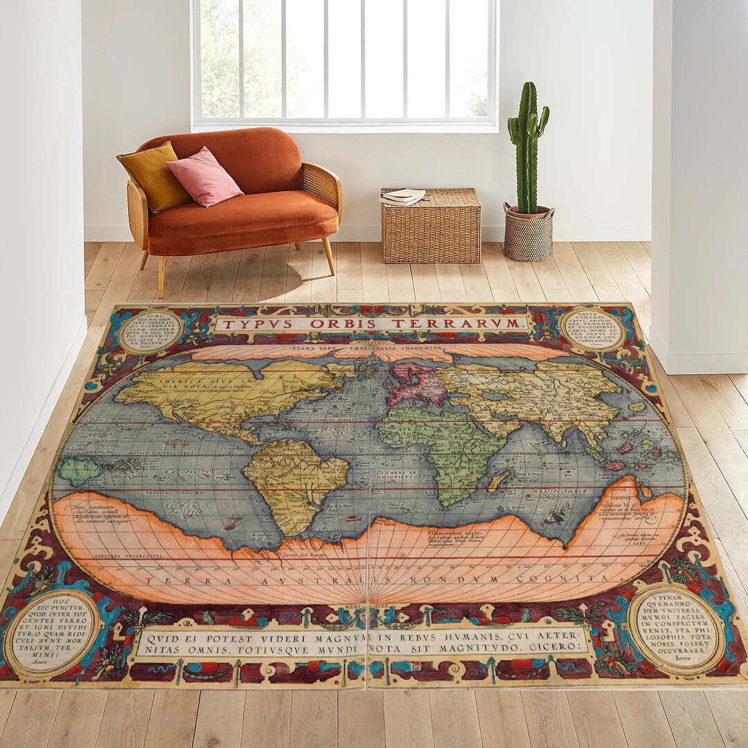 World Map Rug, Typus Orbis Terrarum Rug, Map Rug, Geography Themed ...