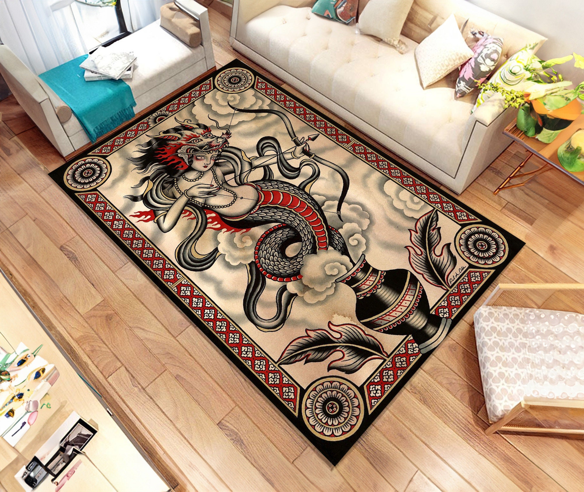 Sagittarius Tattoo Rug, Tibetan Dragon Rug, Traditional Tattoo Design ...
