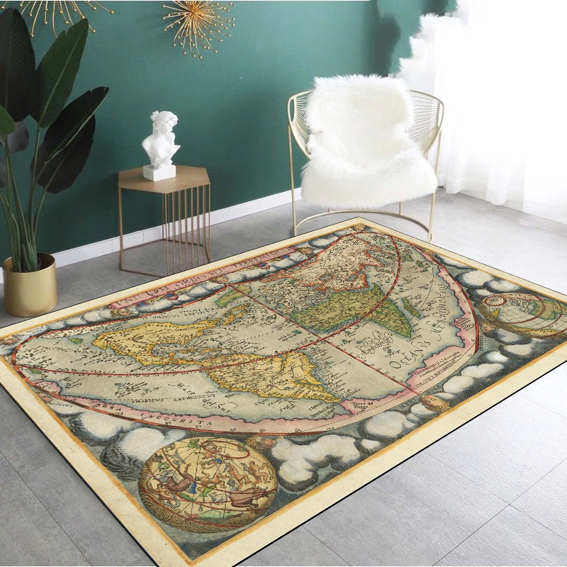World Map Rug, Typus Orbis Terrarum Rug, Map Rug, Geography Themed ...