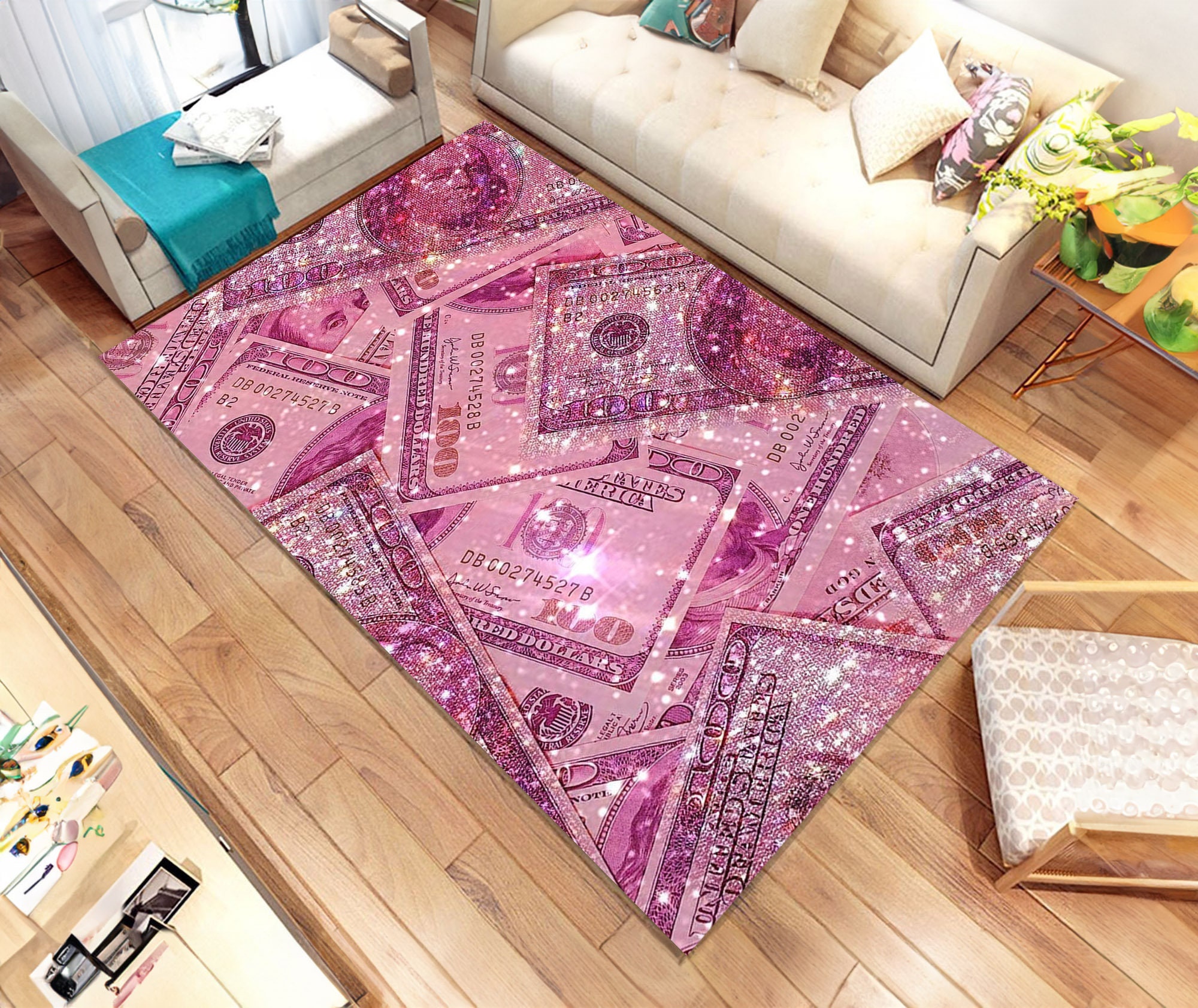 Dolar Themed Rug, Money Design Rug, Dolar Pattern, Pink Rug, Shimmer ...