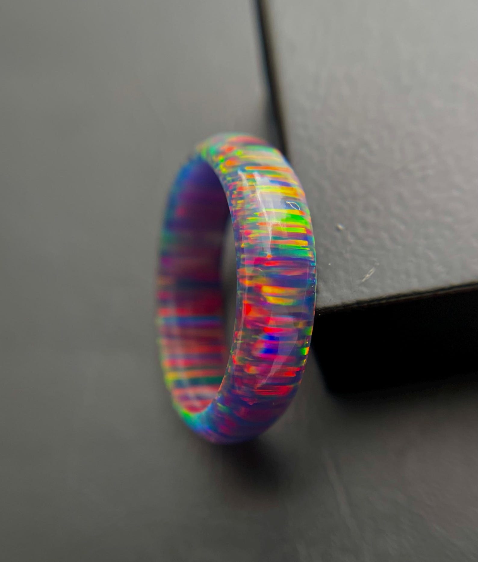 Aaa+solid Black Opal Ring, Thin Pure Black Multi Fire Opal Band, Bello ...