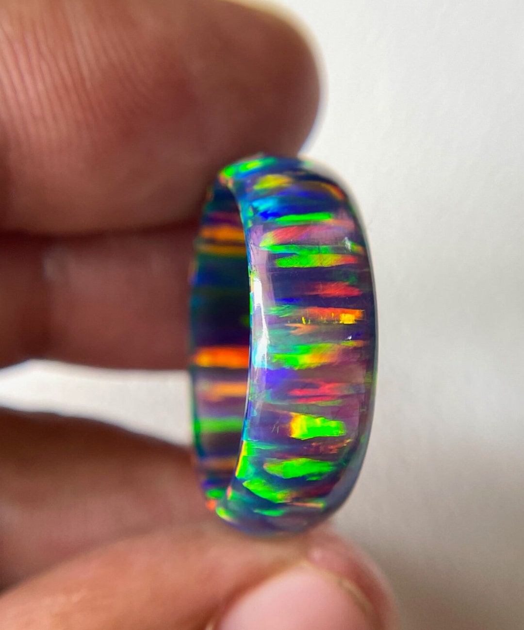 Solid Black Opal Ring, Thin Pure Black Multi Fire Opal Band, Bello Opal ...