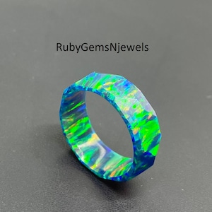 AAA+ Solid Black Opal Ring, Thin Pure Black Opal Band, Bello Opal Green ...