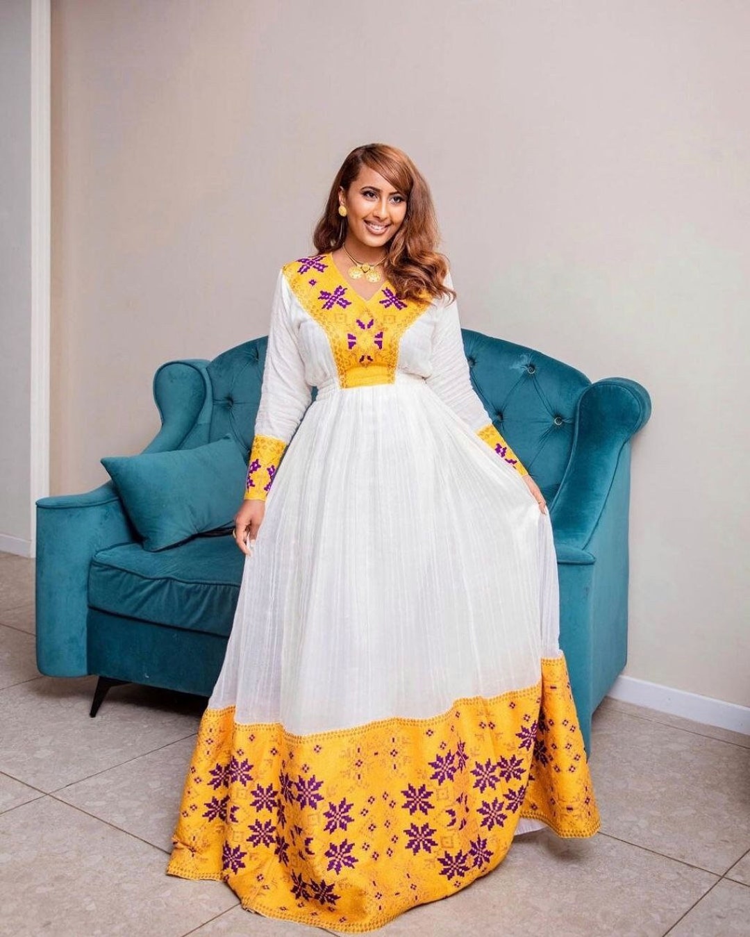 Modern Yellow Design Habesha Kemis Vibrant Yellow Pattern - Etsy