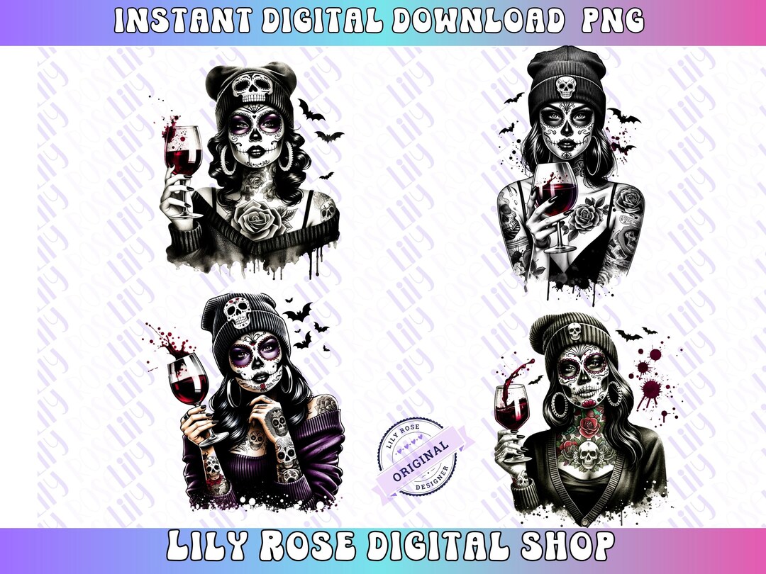 Sugar Skull Goth Girls Png Sugar Skull Wine Png Day Of The Dead Skull