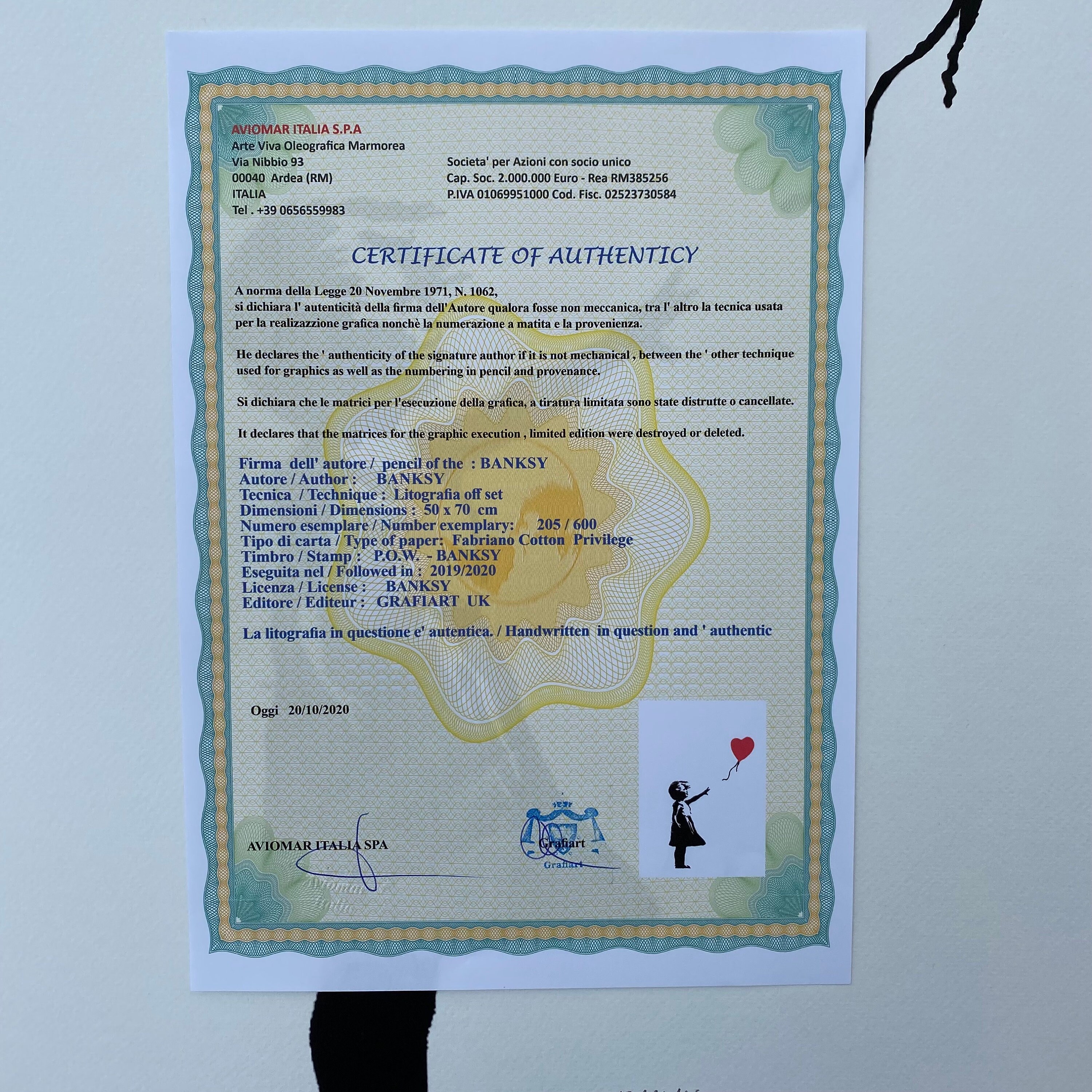 BANKSY Balloon Girl Certificate banksy Signed Banksy Girl - Etsy