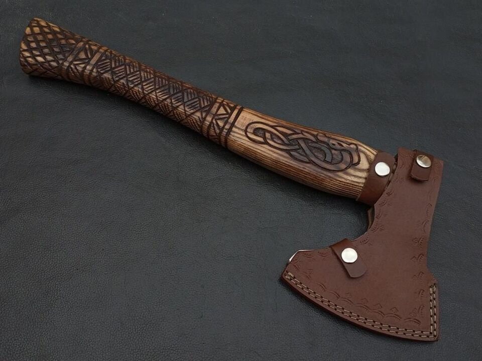 Engraved Custom Axe, Camping Tool, Hand Forged Viking Axe With Leather ...