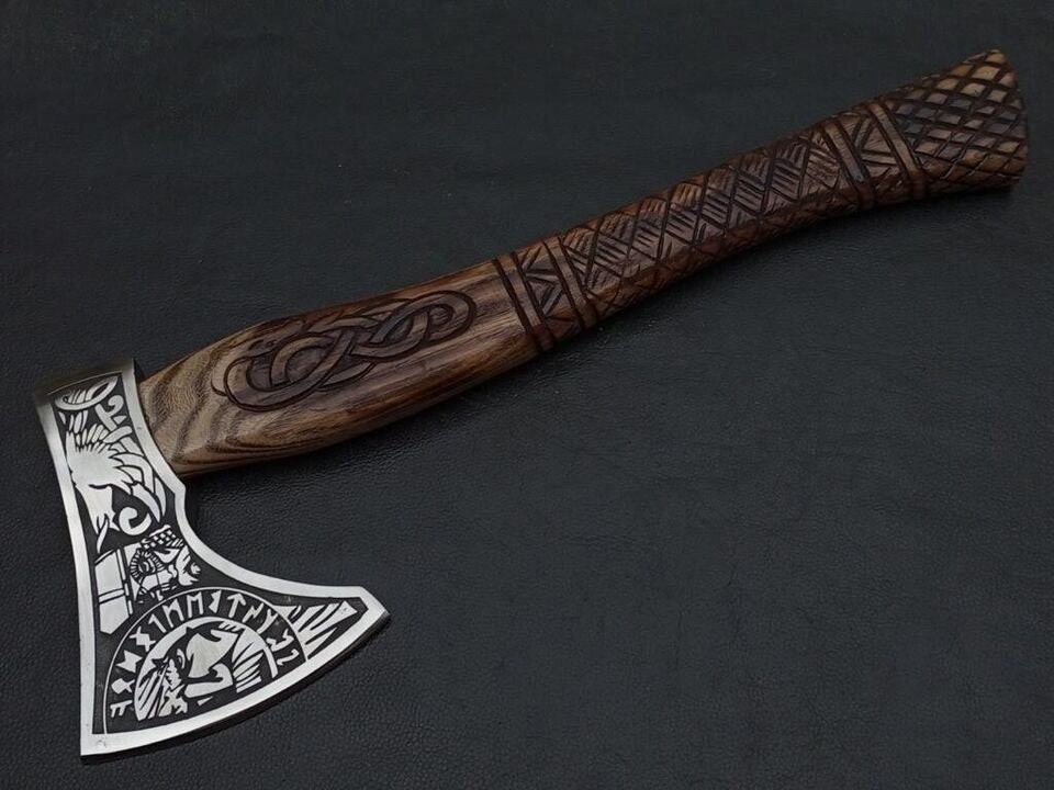 Engraved Custom Axe, Camping Tool, Hand Forged Viking Axe With Leather ...