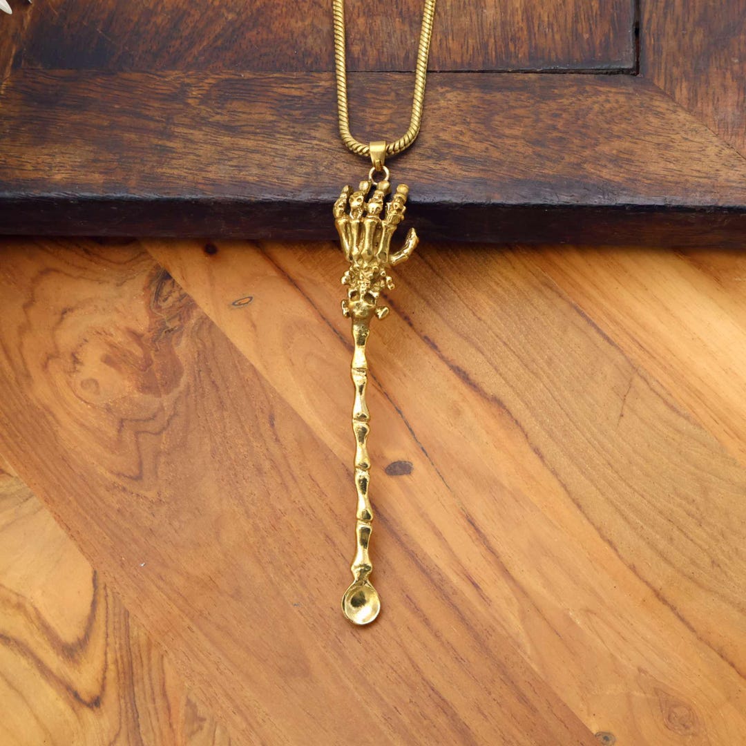Gold Skeleton Mini Spoon Hand Pendant Necklace – Gothic Bone Wand ...
