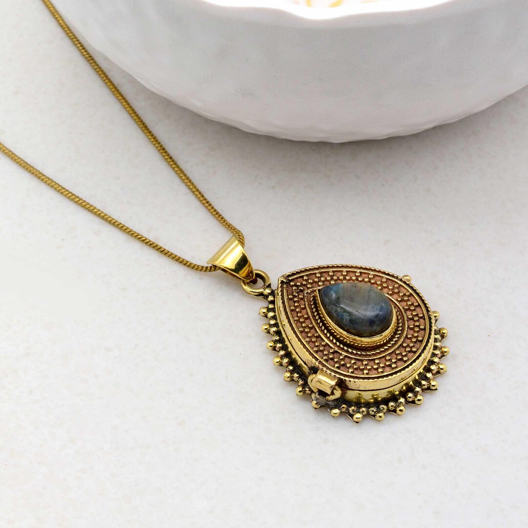 Moonstone Secret Box Labradorite Stone Gold Pendant, Prayer Box Ethnic ...