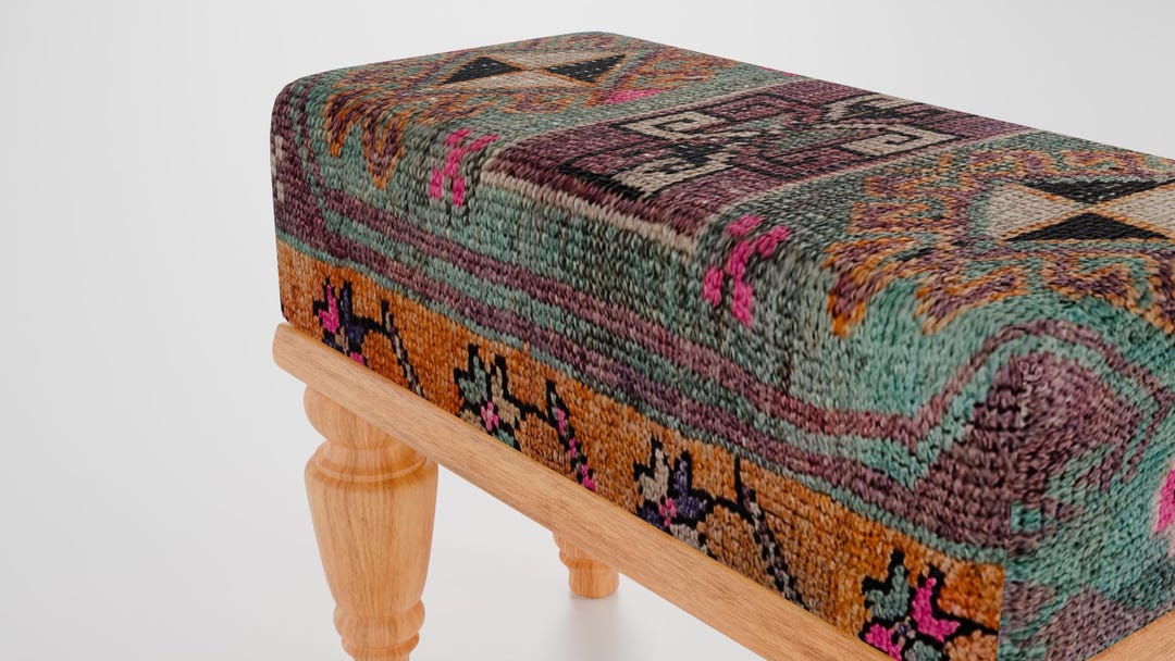 Turquoise Bench, Vintage Style Bench, Nomadic Print Rug Footstool ...
