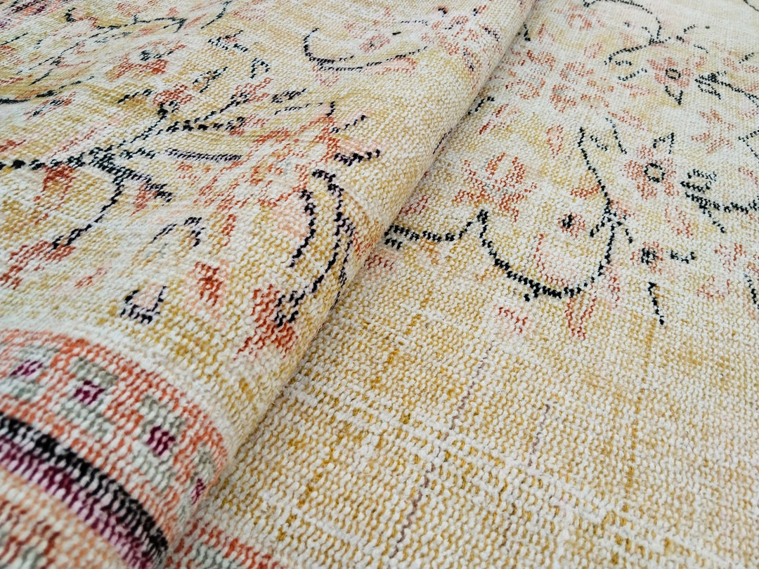 Yellow Pink Rug, Low Pile Rug, Wool Rug, Turkish Area Rug, Antique Rug ...